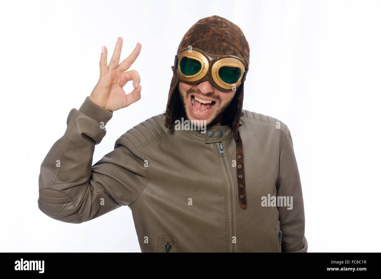 Man wearing pilot goggles isolated on white Stock Photo - Alamy