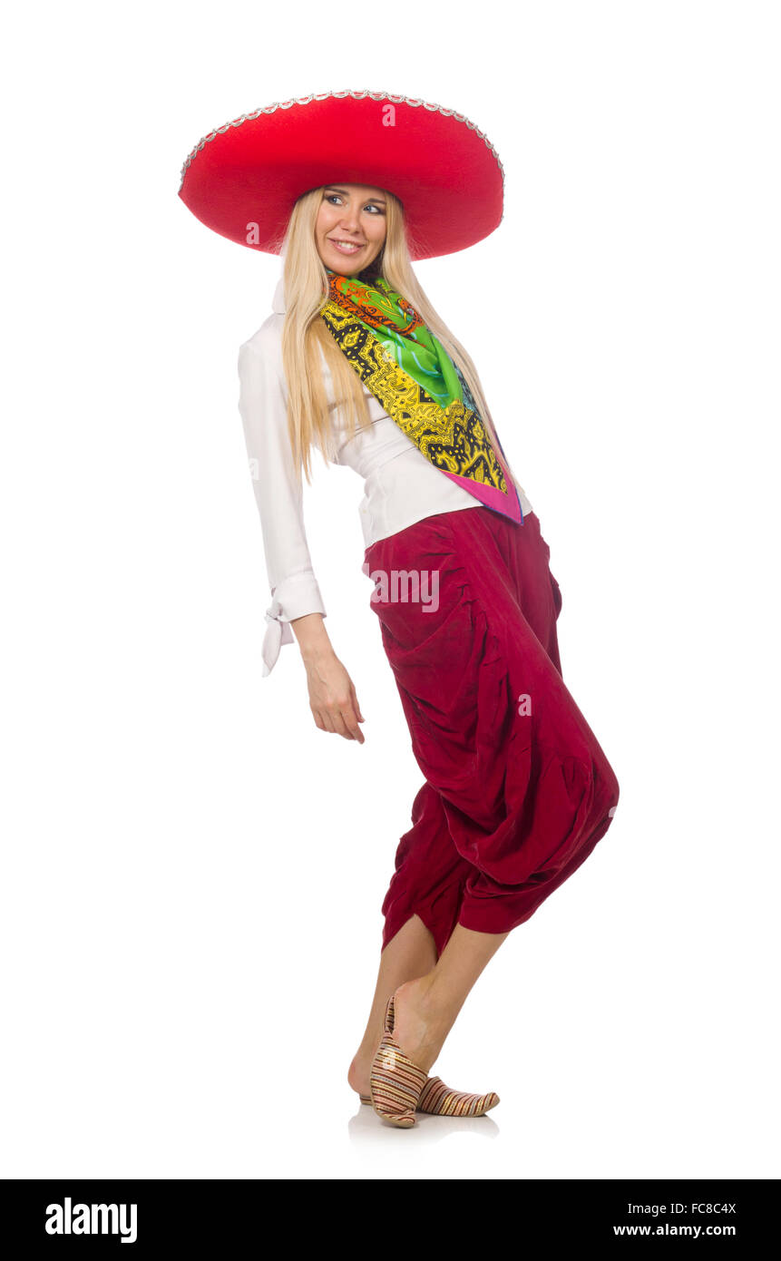 Mexican girl with sombrero dancing on white Stock Photo - Alamy