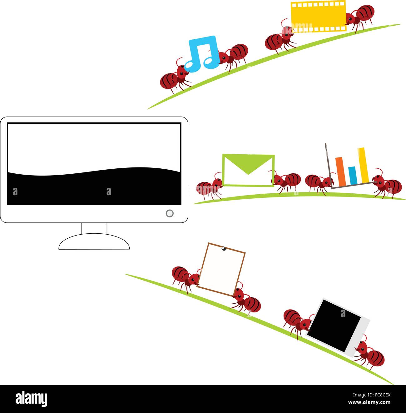 All in one computer and red ants in multimedia and work concept ...