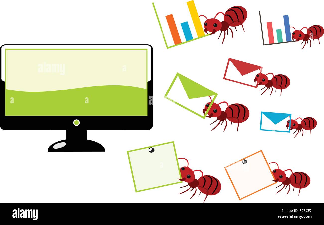 Red ants and computer in busy and hard work concept illustration Stock ...