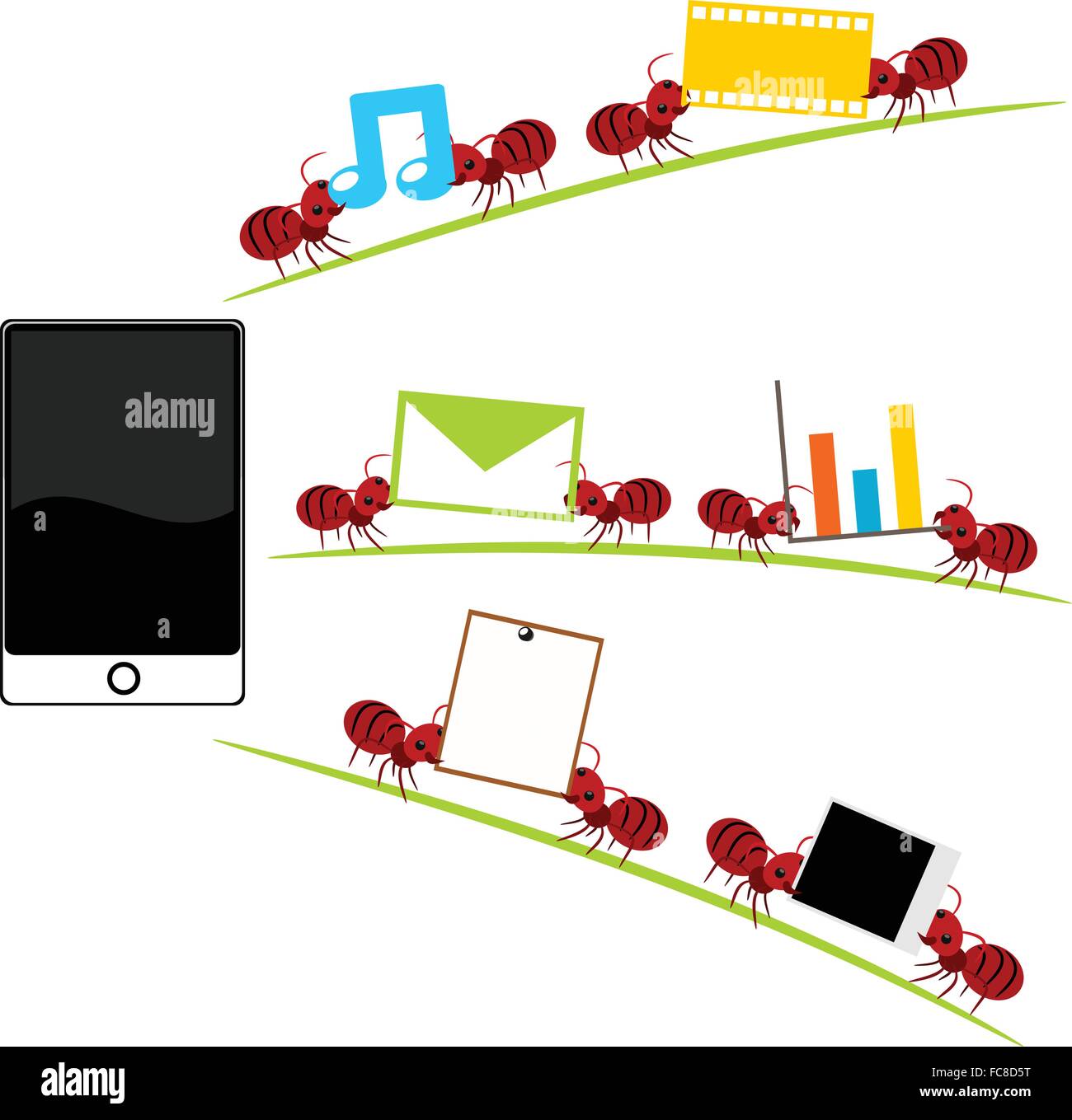 All in one smartphone and red ants in multimedia and work concept ...