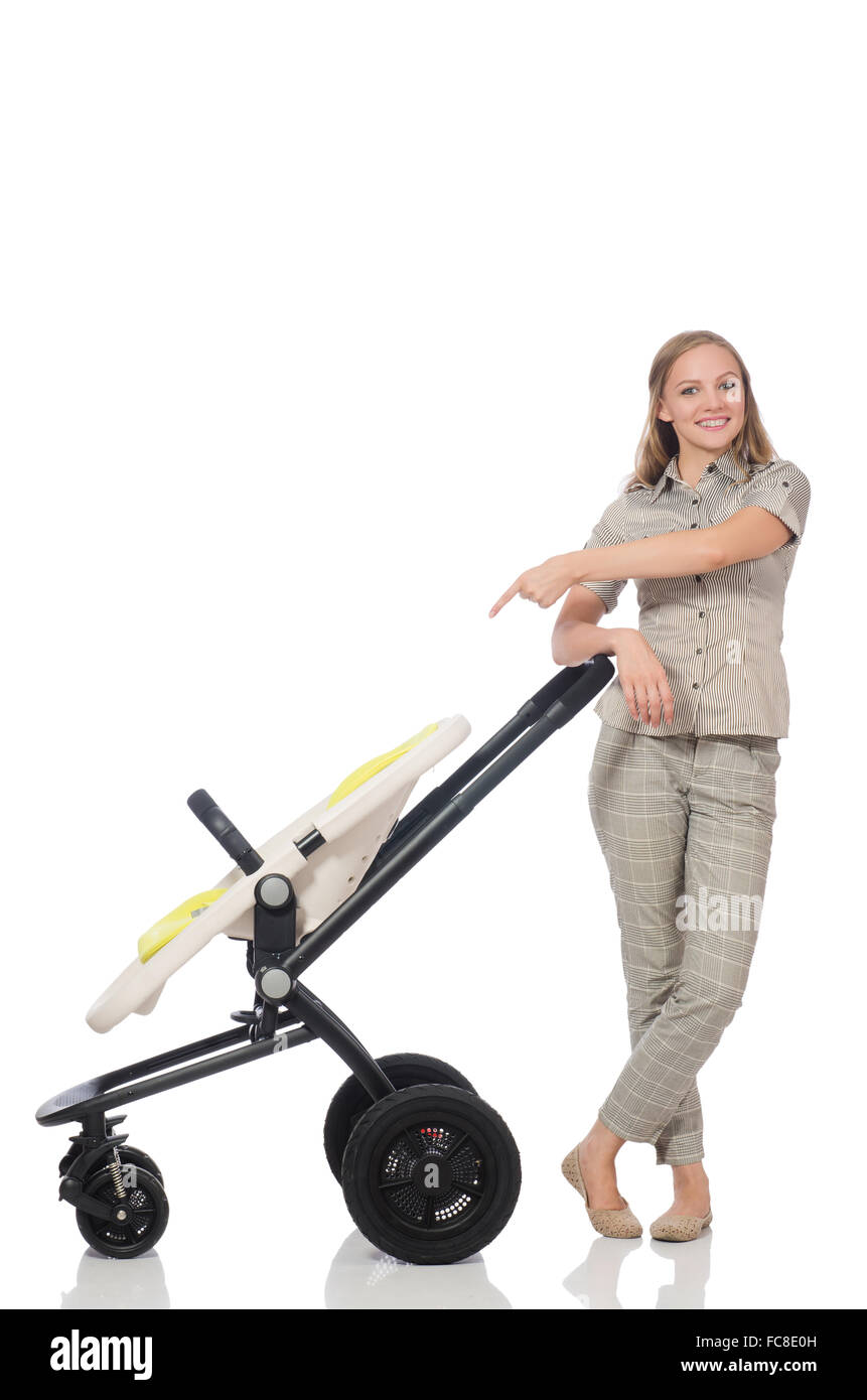 Woman with pram isolated on white Stock Photo - Alamy