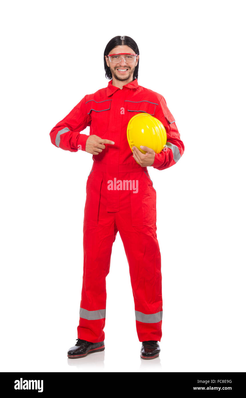 Man wearing red coveralls isolated on white Stock Photo - Alamy
