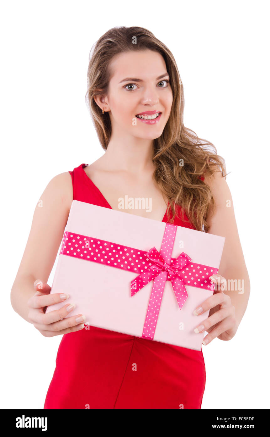Pretty girl holding gift box isolated on white Stock Photo - Alamy