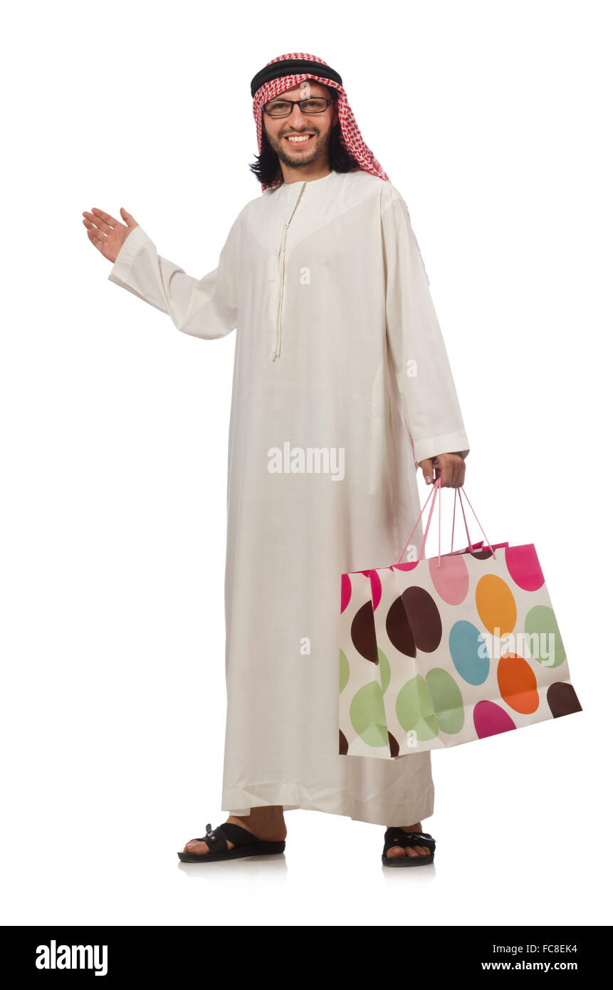 Arab man with shopping bags on white Stock Photo - Alamy