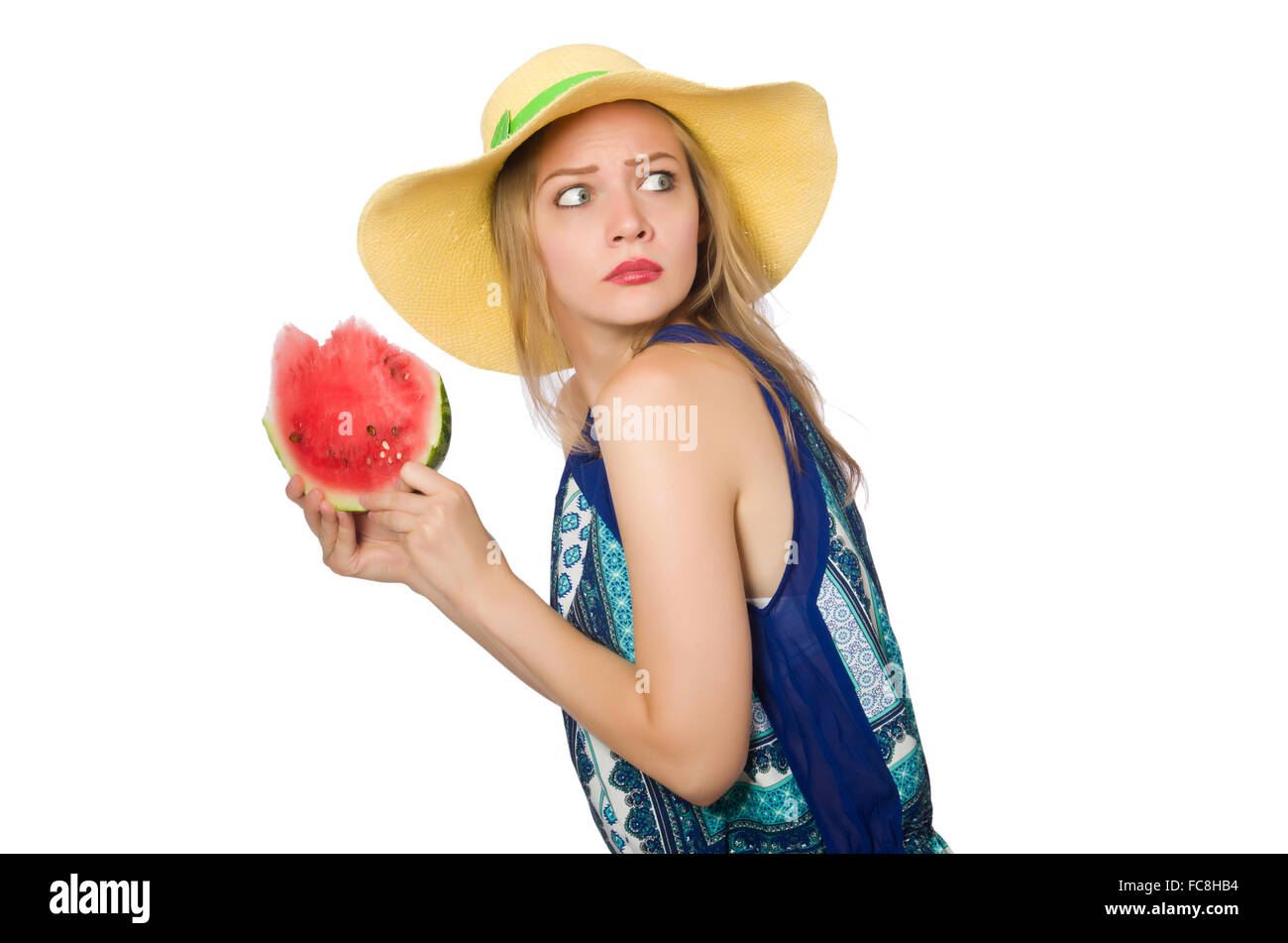 Woman with watermelon isolated on white Stock Photo - Alamy