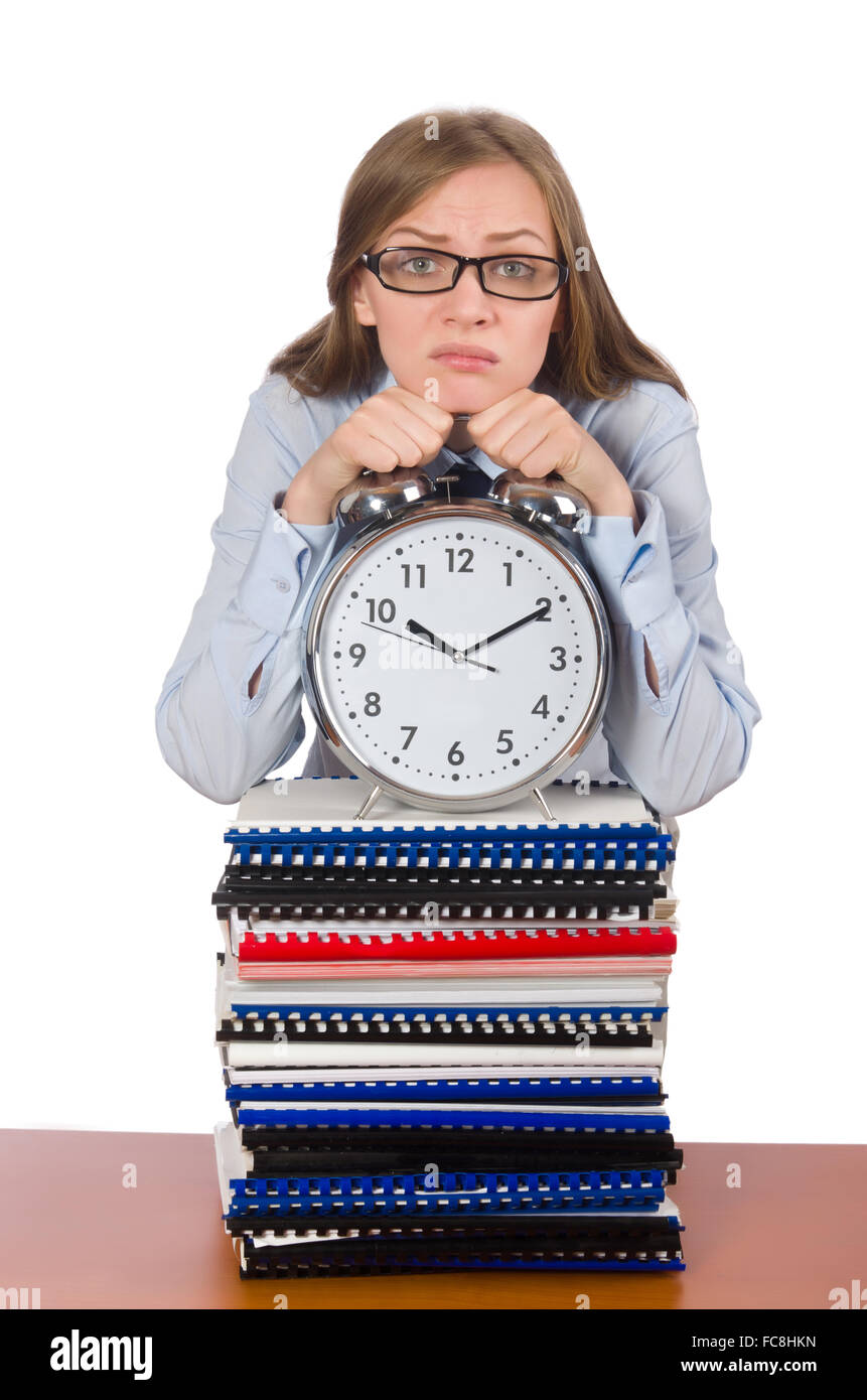 Office employee at work table with documents isolated on white Stock ...