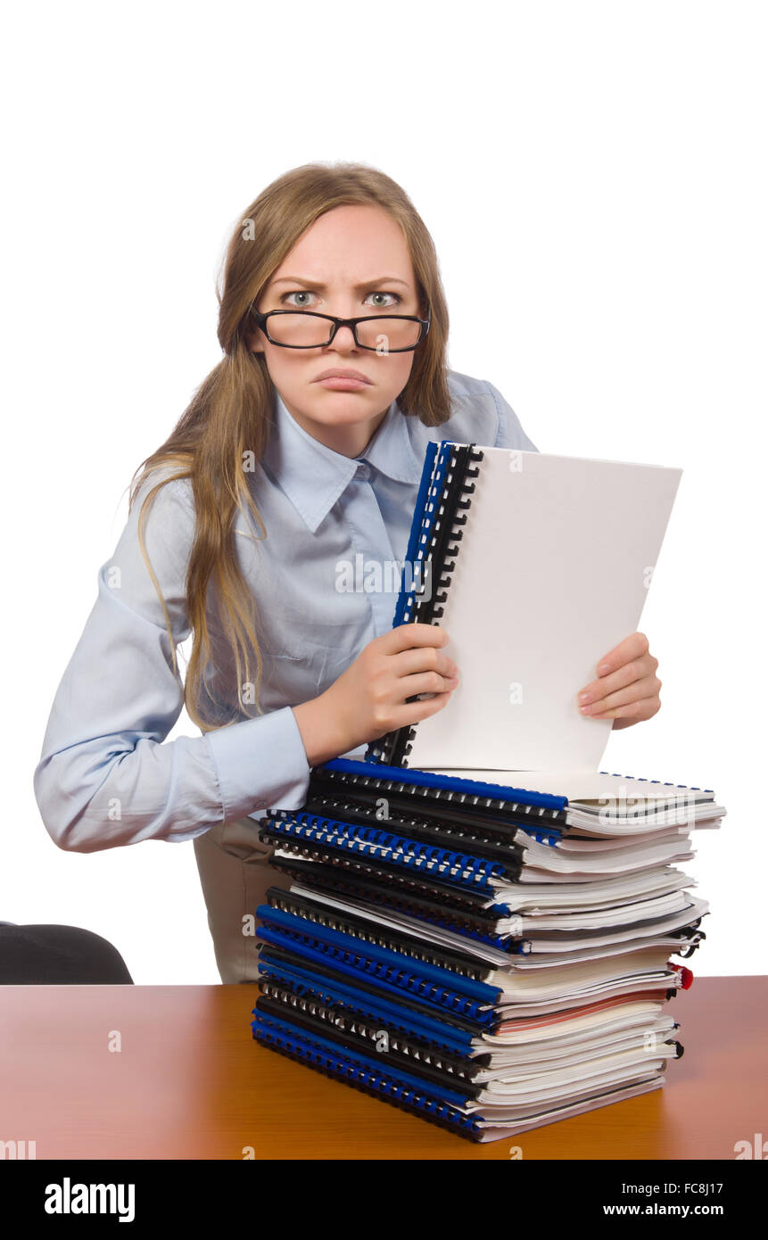 Office employee at work table isolated on white Stock Photo - Alamy