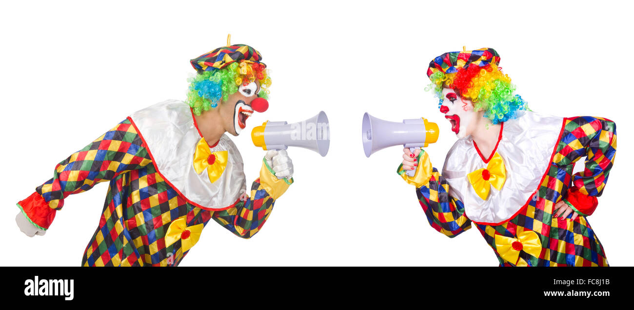 Two clowns with loudspeakers isolated on white Stock Photo - Alamy