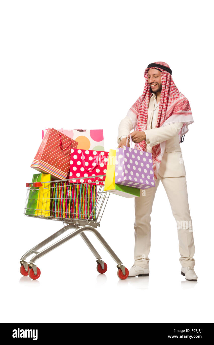 Arab man doing shopping isolated on white Stock Photo - Alamy