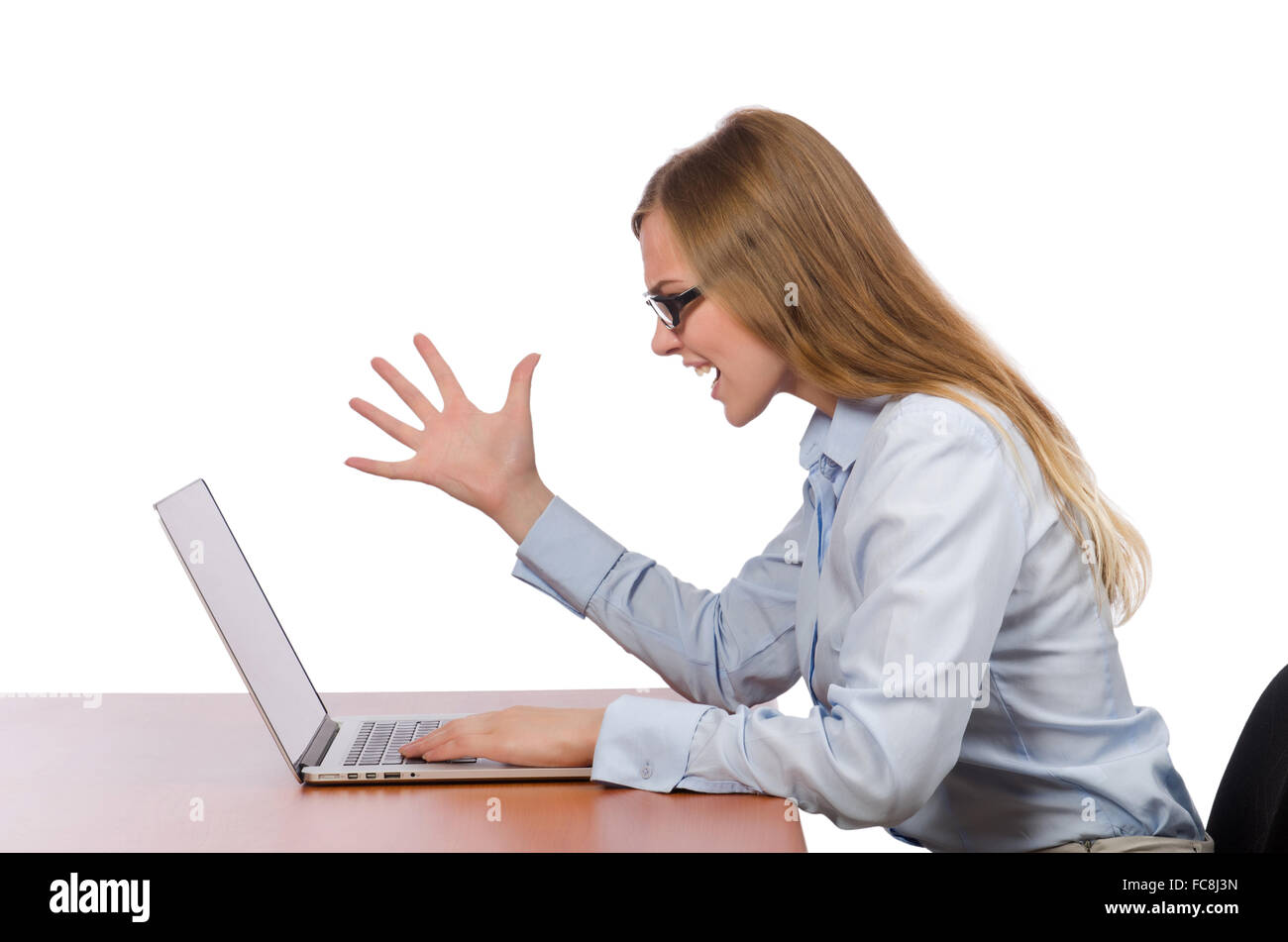 Office employee at work table with laptop isolated on white Stock Photo ...