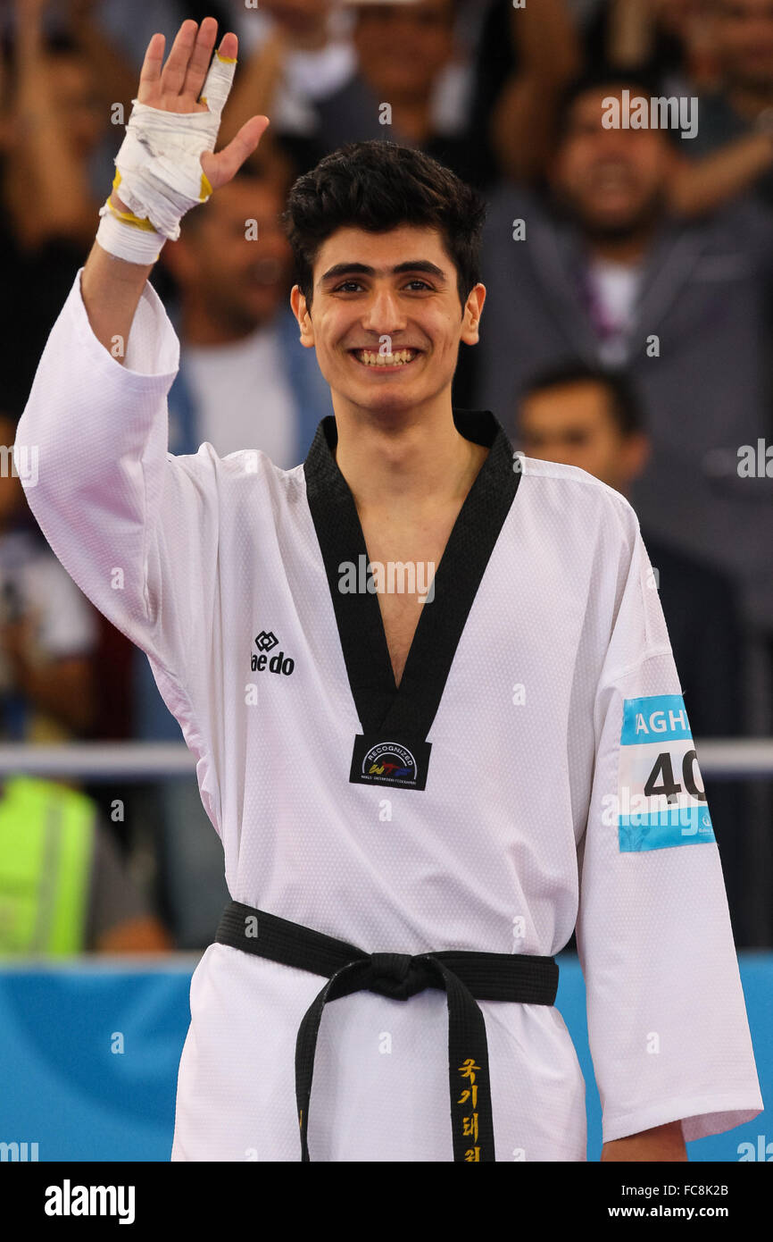 Aykhan Taghizade (AZE) celebrates after being presented with his gold ...