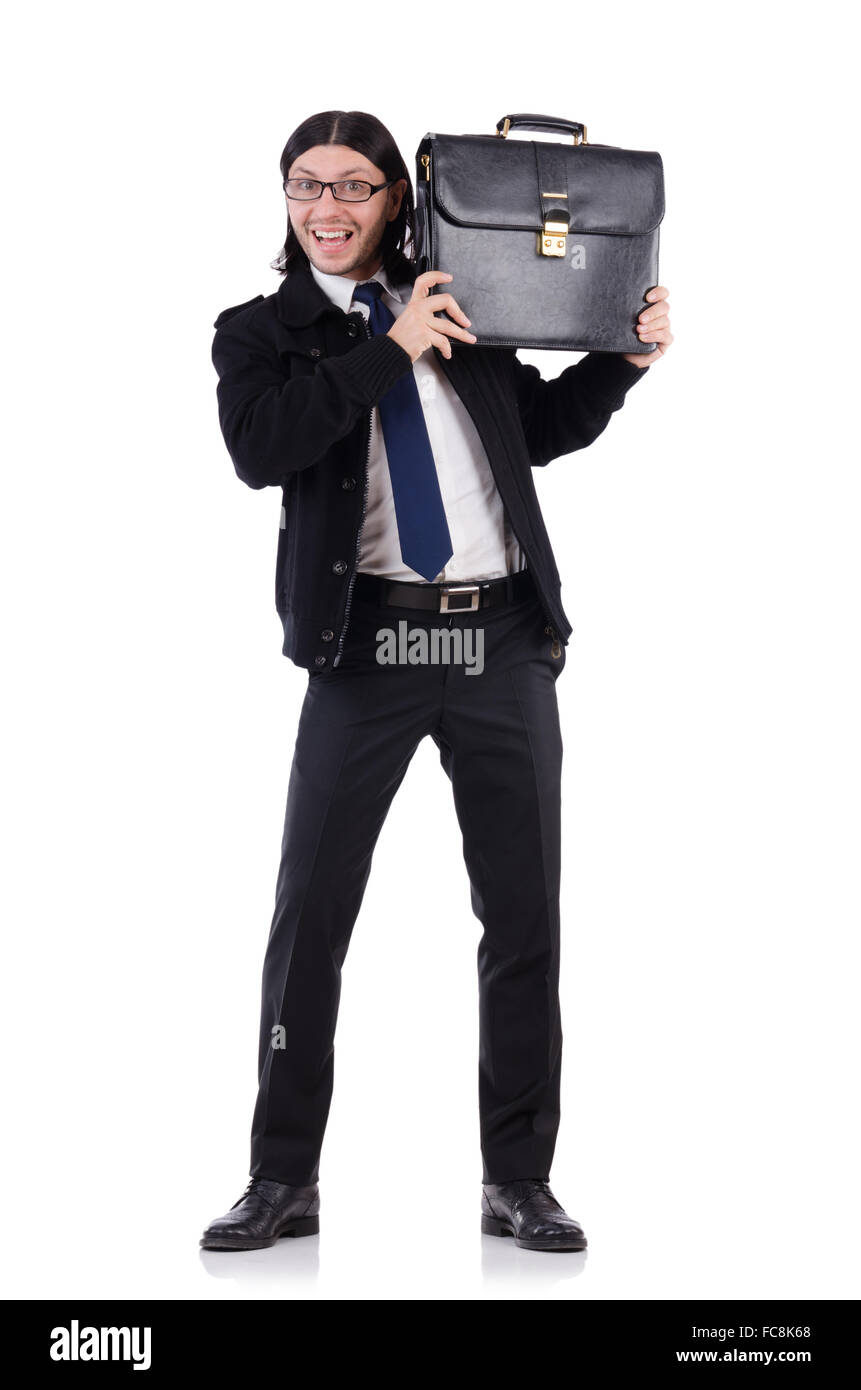 Young businessman holding briefcase isolated on white Stock Photo - Alamy