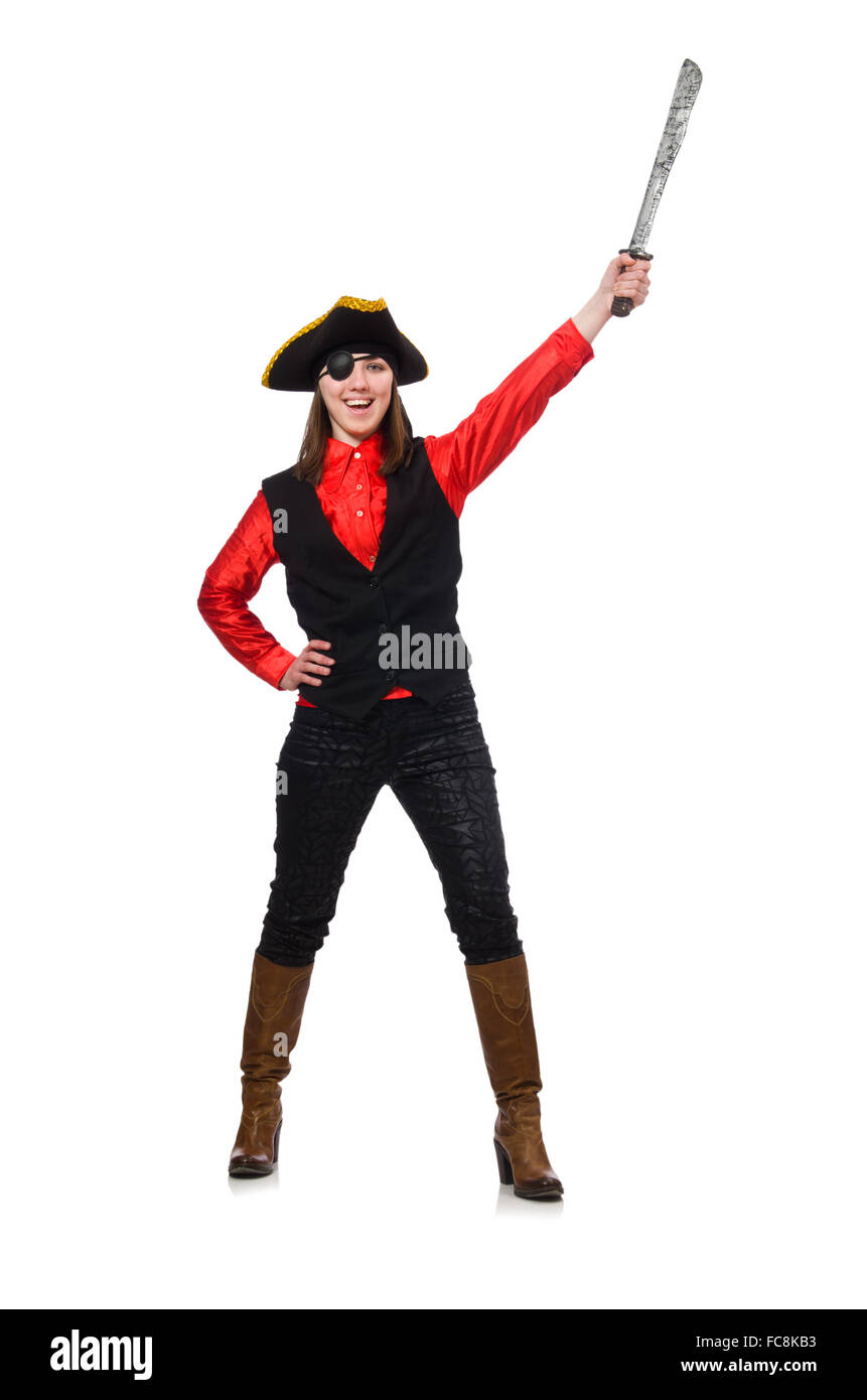 Female pirate holding sword isolated on white Stock Photo - Alamy
