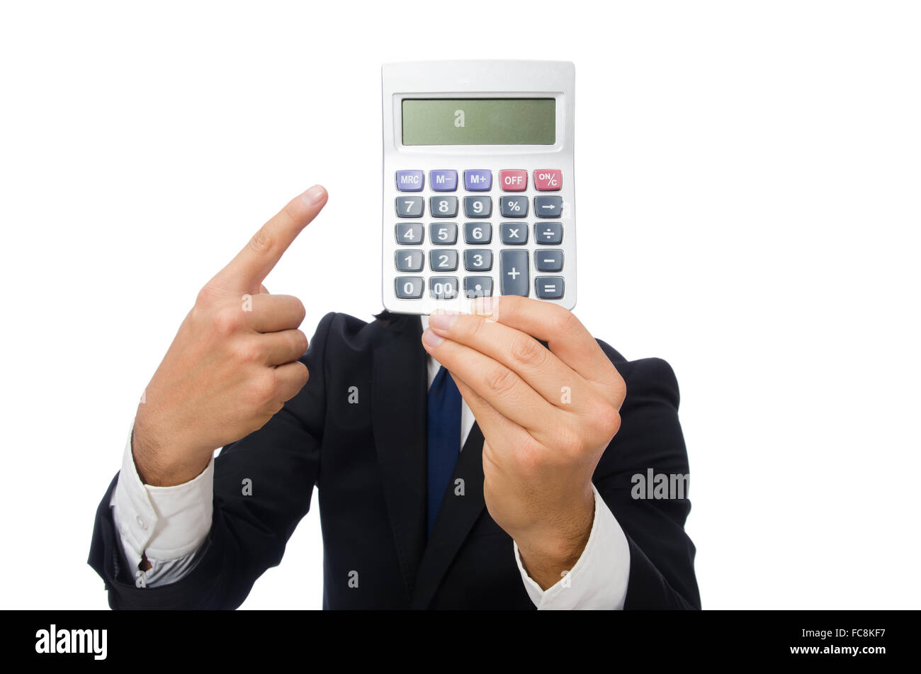 Man with calculator isolated on white Stock Photo - Alamy