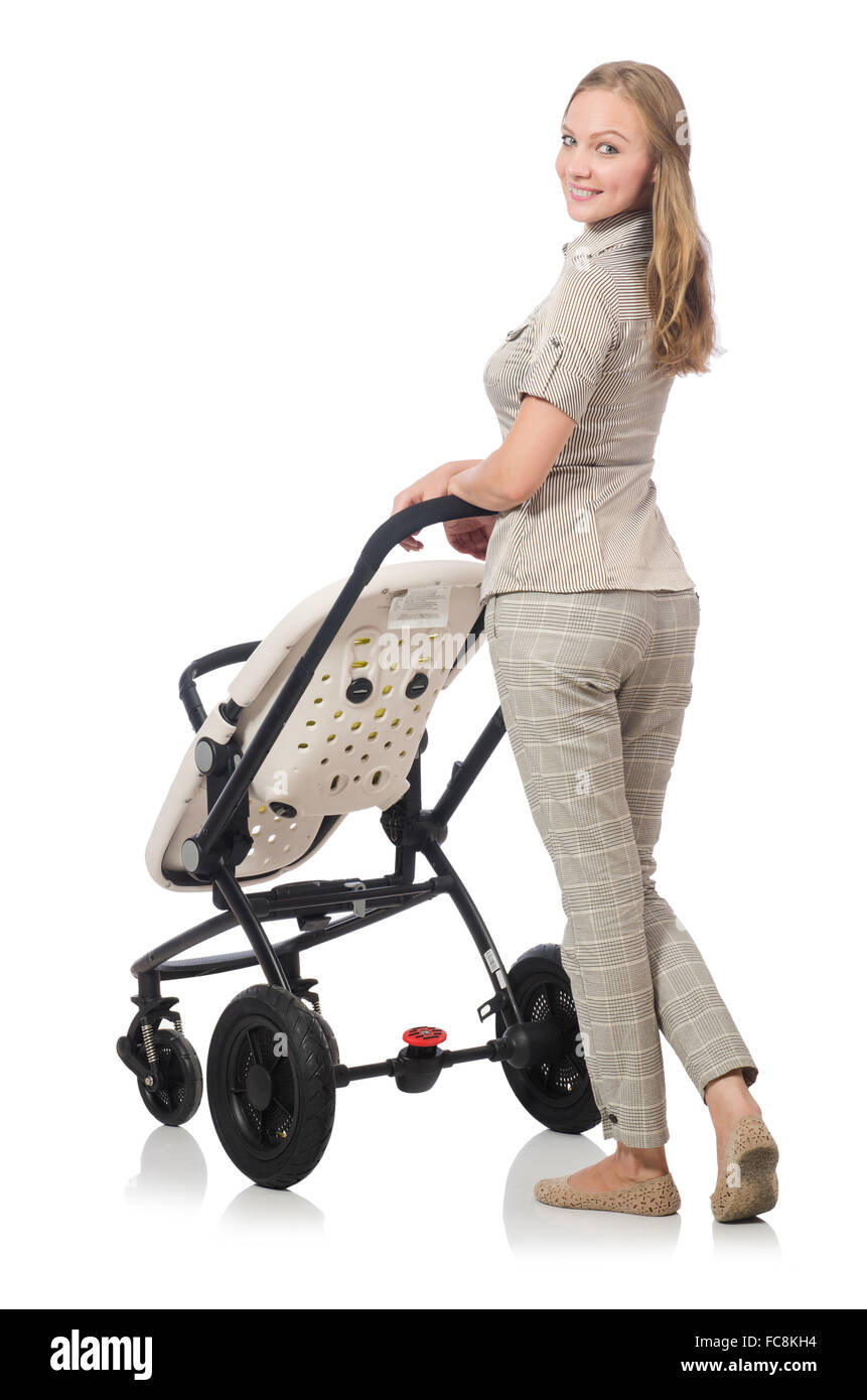Woman with pram isolated on white Stock Photo - Alamy