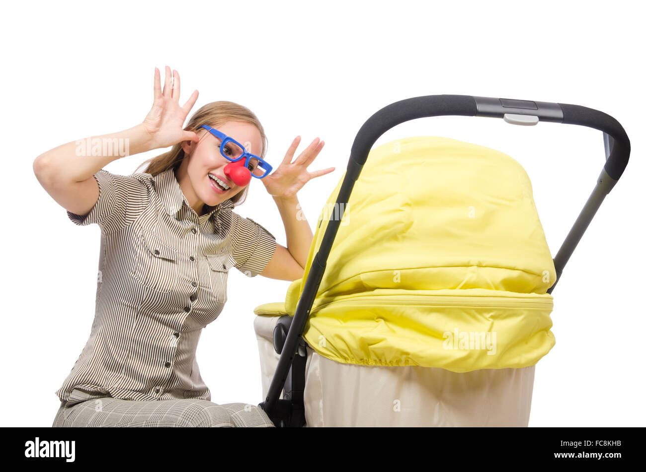 Woman with pram isolated on white Stock Photo - Alamy