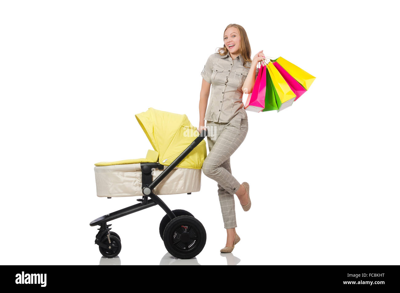 Woman with pram isolated on white Stock Photo - Alamy
