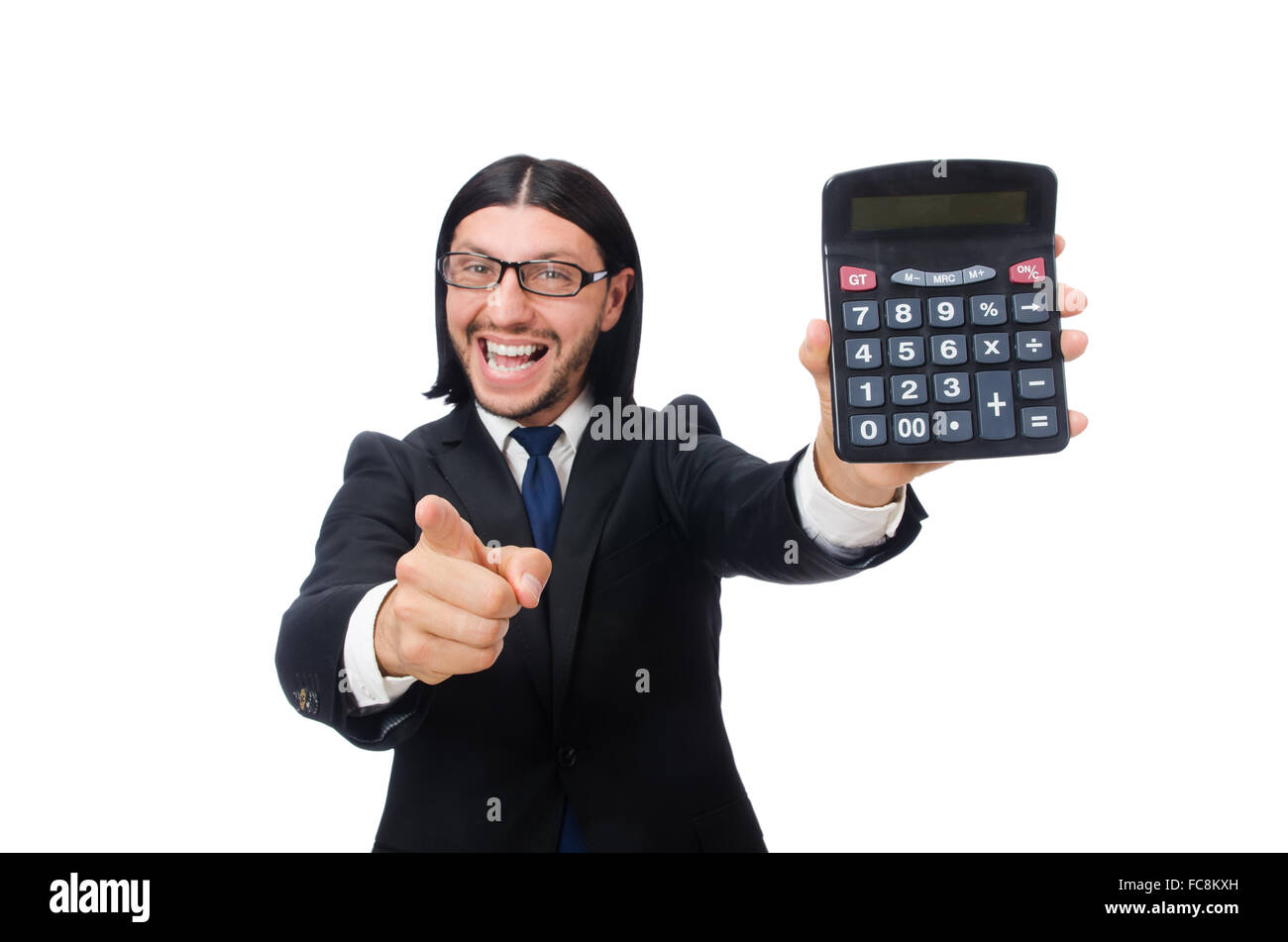 Man with calculator isolated on white Stock Photo - Alamy