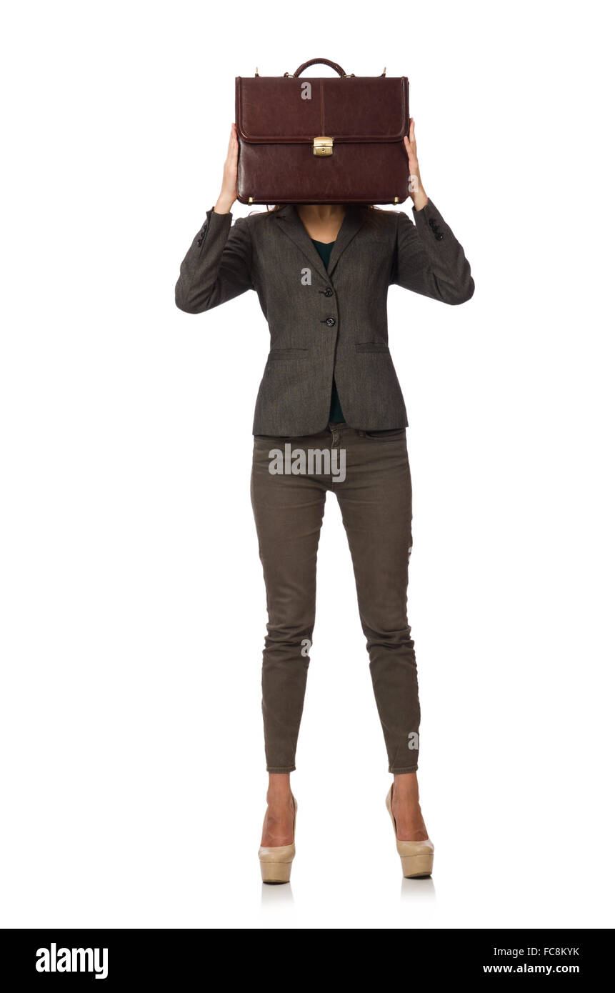 Woman businesswoman with briefcase isolated on white Stock Photo - Alamy