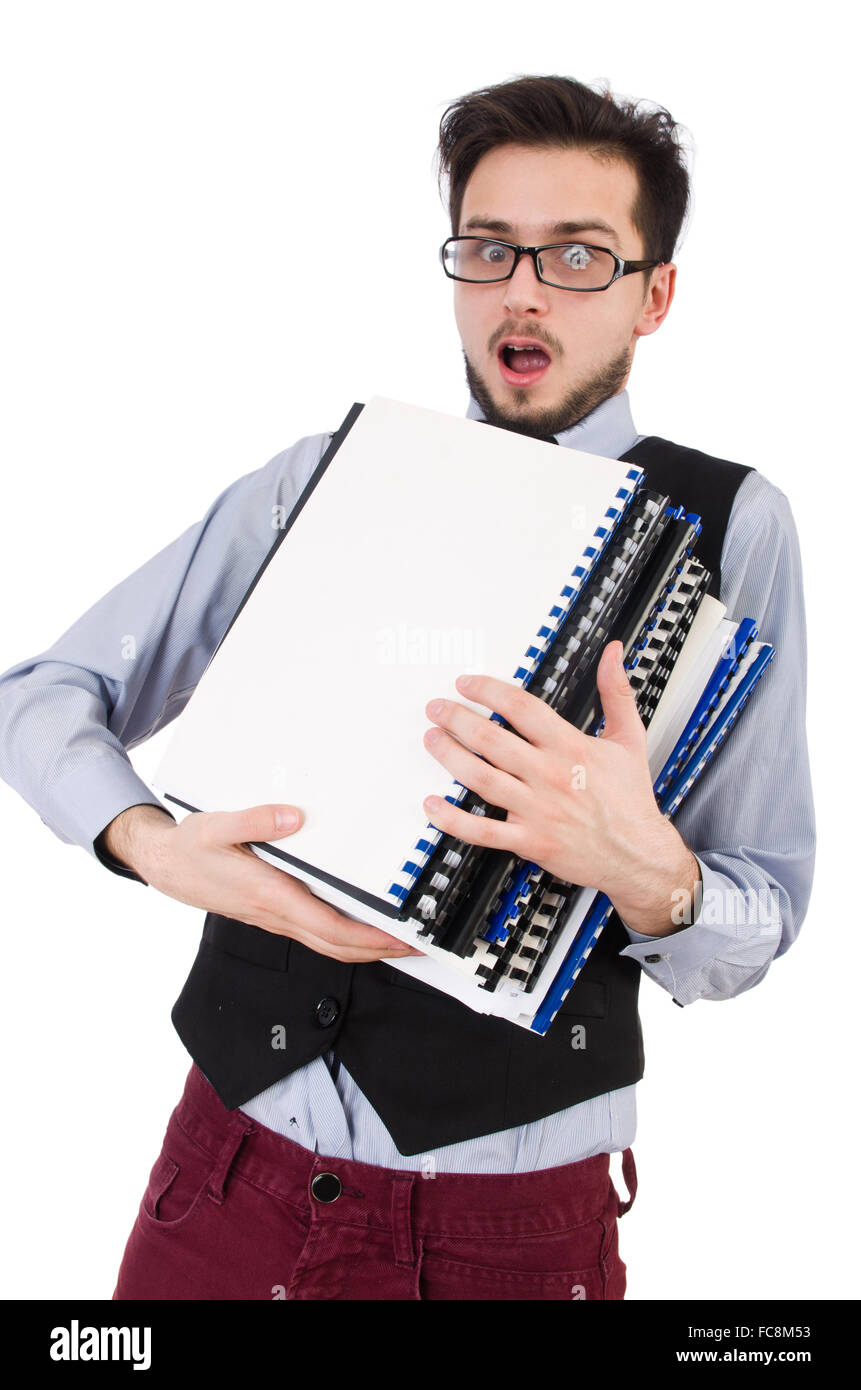 Office employee holding paper isolated on white Stock Photo - Alamy
