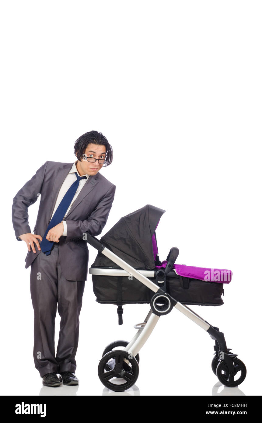 Funny dad with baby and pram on white Stock Photo - Alamy