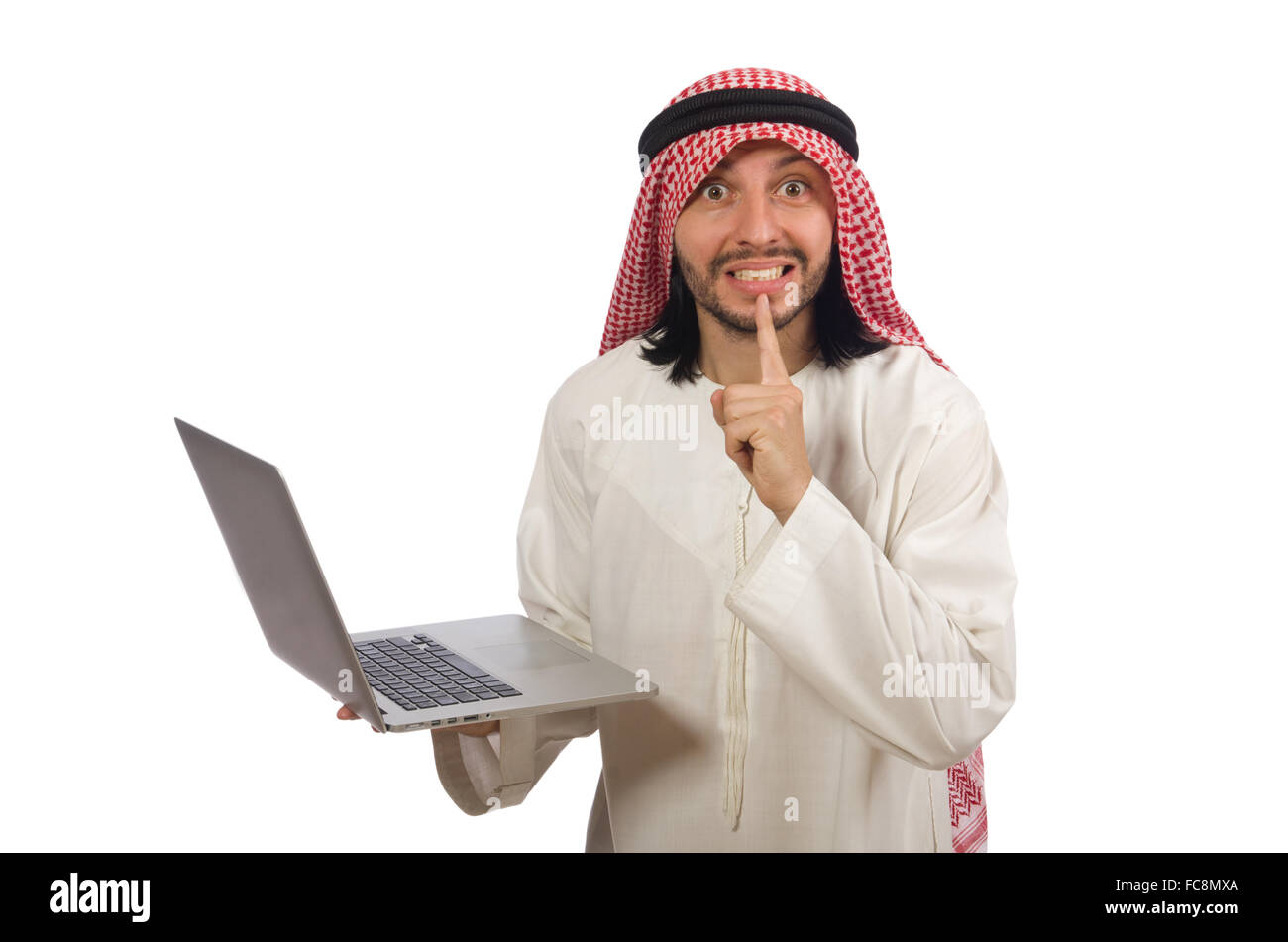 Arab man with laptop isolated on white Stock Photo - Alamy