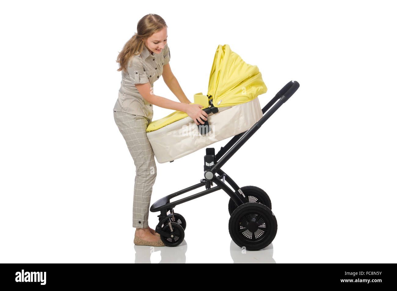 Woman with pram isolated on white Stock Photo - Alamy