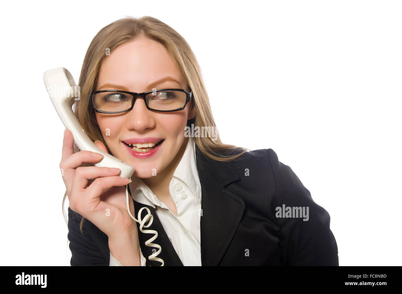 Pretty office employee holding phone isolated on white Stock Photo - Alamy