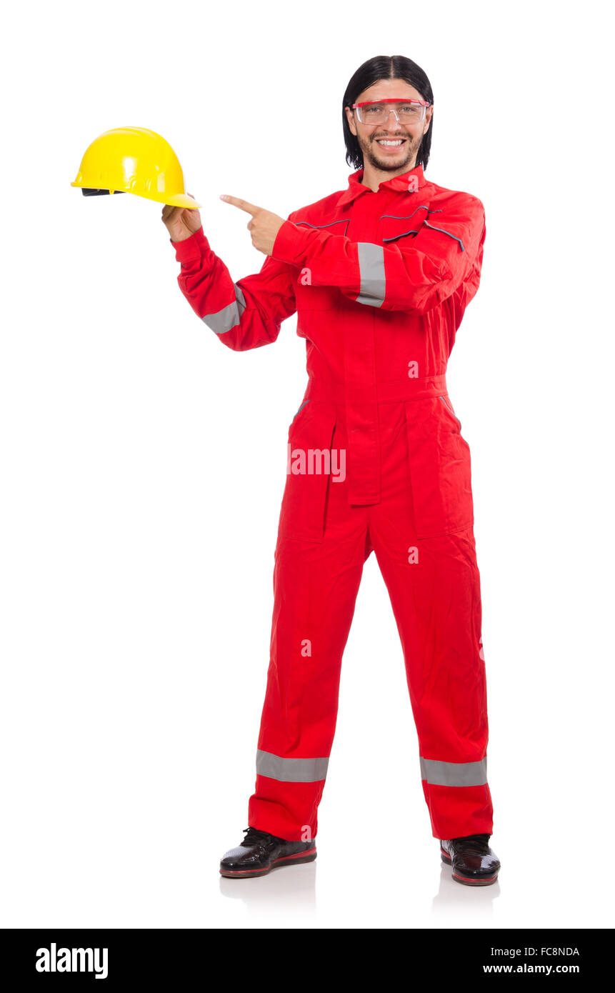 Man wearing red coveralls isolated on white Stock Photo - Alamy