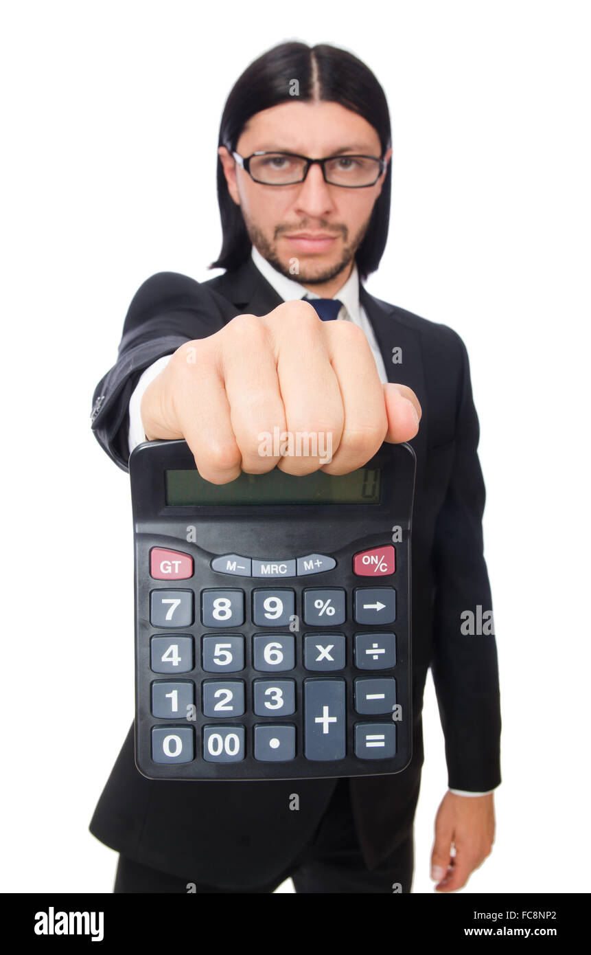 Man with calculator isolated on white Stock Photo - Alamy