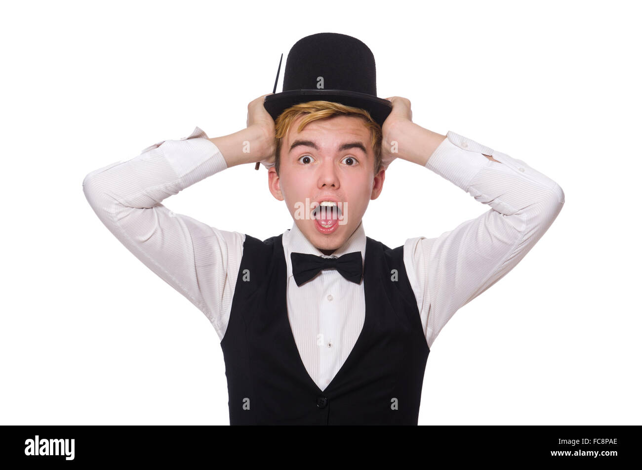 Magician with magic stick isolated on white Stock Photo - Alamy