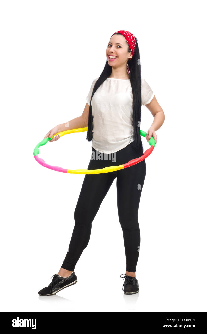 A girl in sport suit with hula hoop isolated on white Stock Photo - Alamy