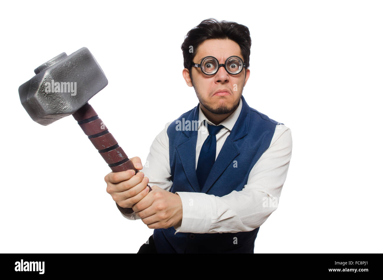 Young man holding hammer isolated on white Stock Photo - Alamy