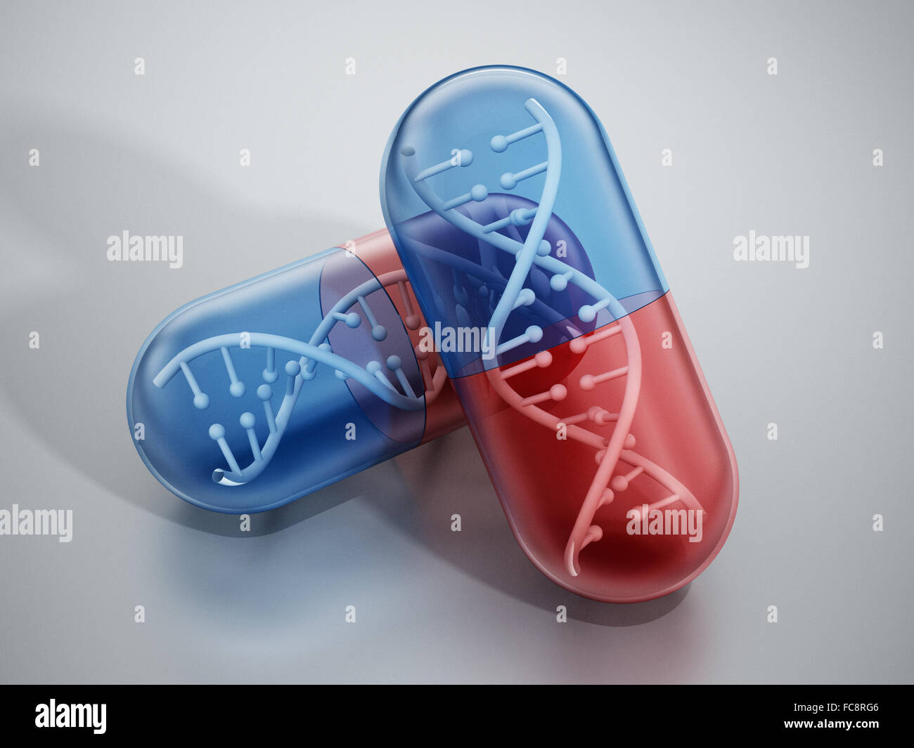 DNA helix inside pill capsules standing on reflective surface Stock ...