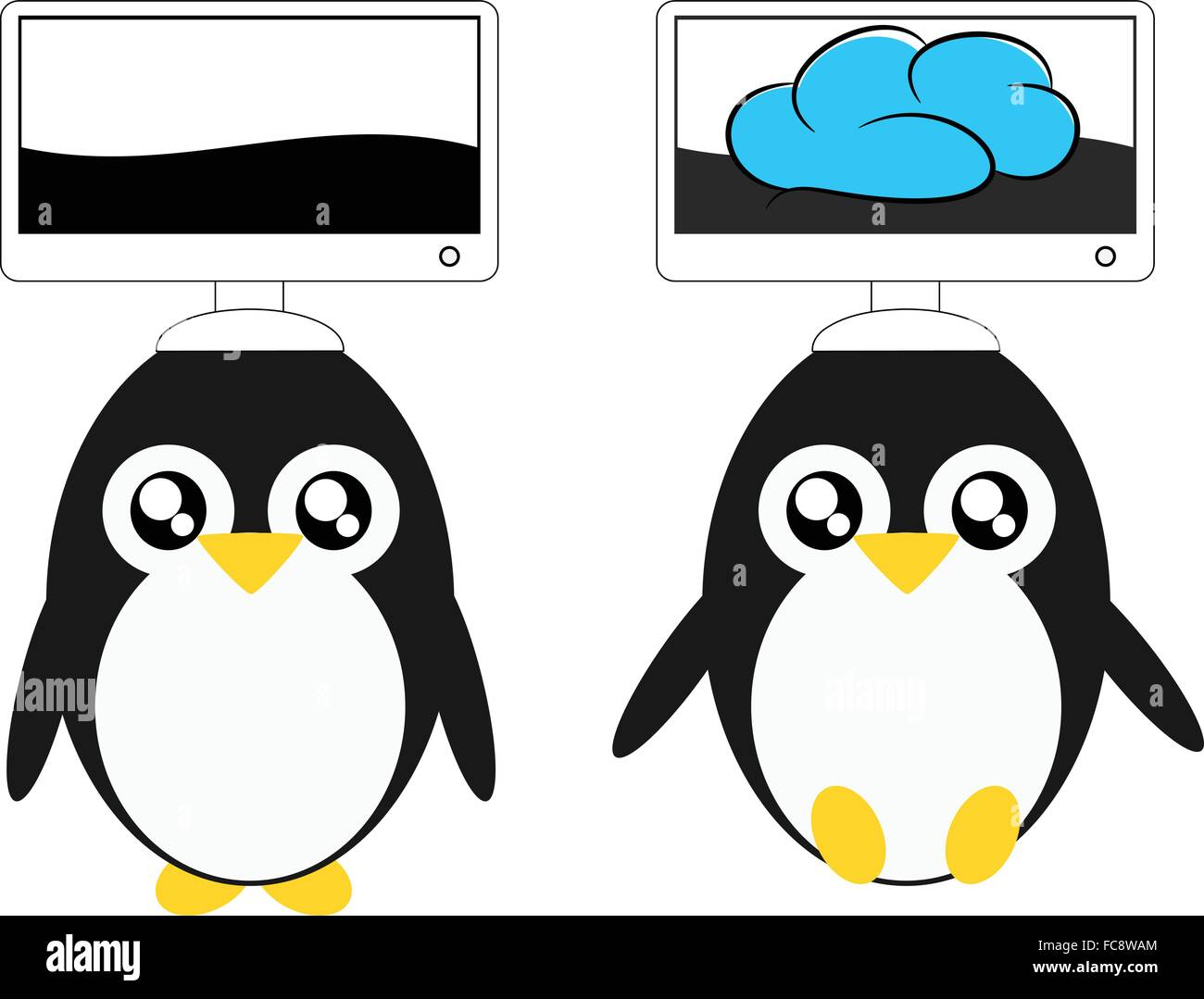 Cartoon penguin and computer cloud in technology concept illustration ...