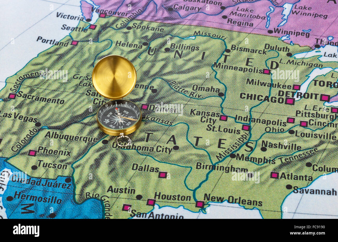 United States Map With Compass A Brss Compass On An Old Map Showing