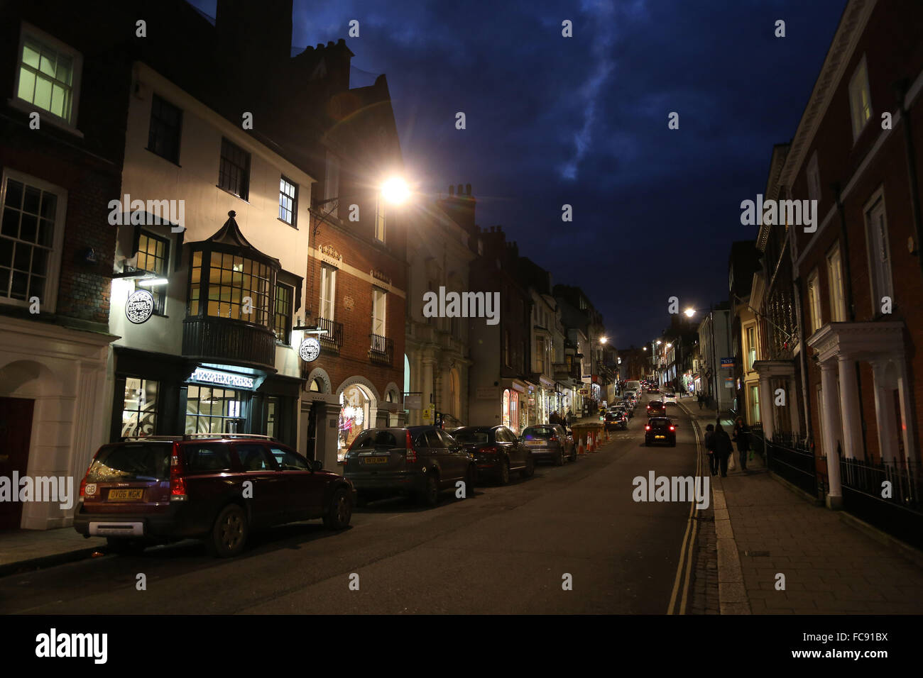 Lewes East Sussex by night on a December evening lit by street lights ...