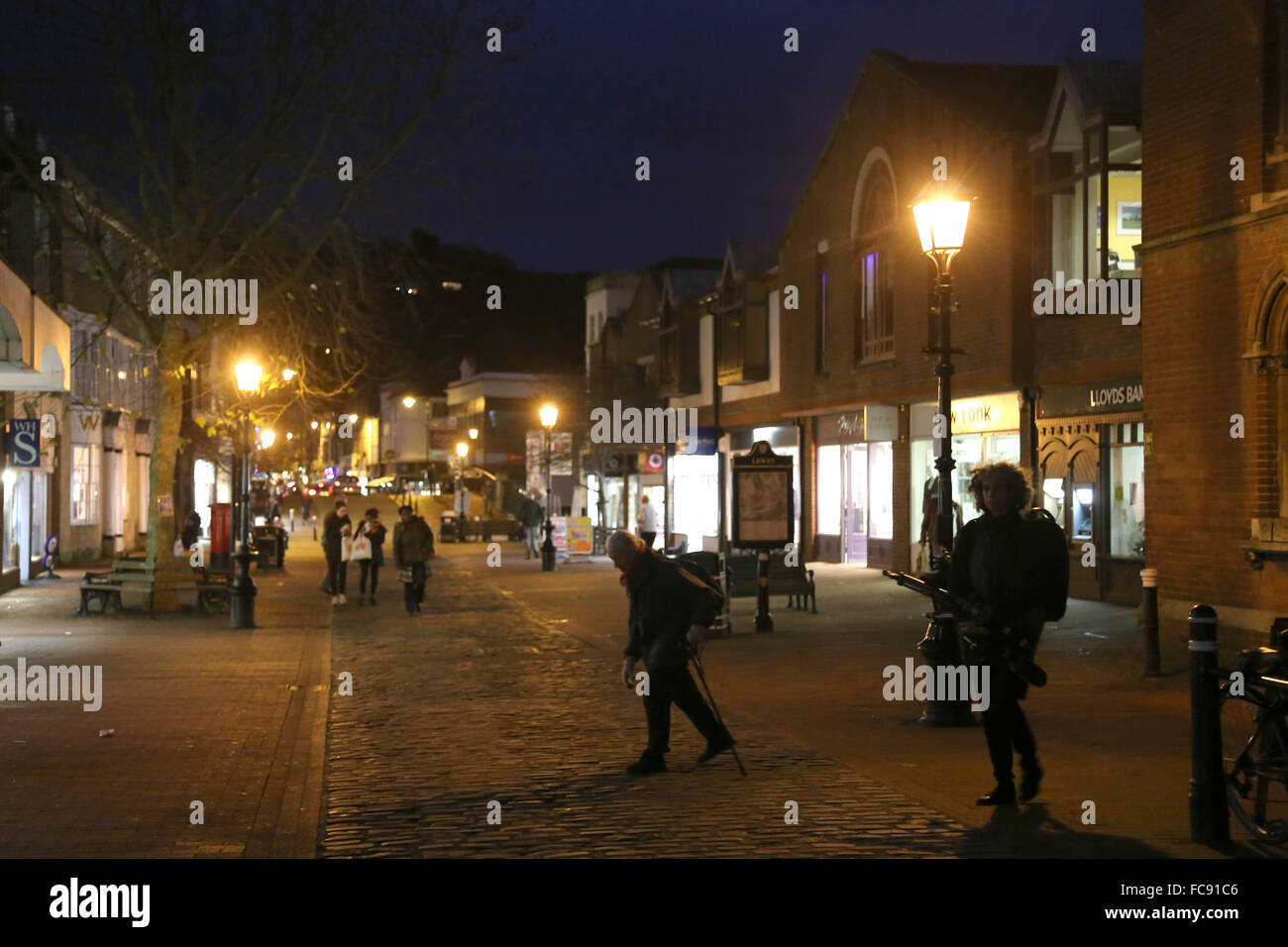Lewes East Sussex by night on a December evening lit by street lights ...