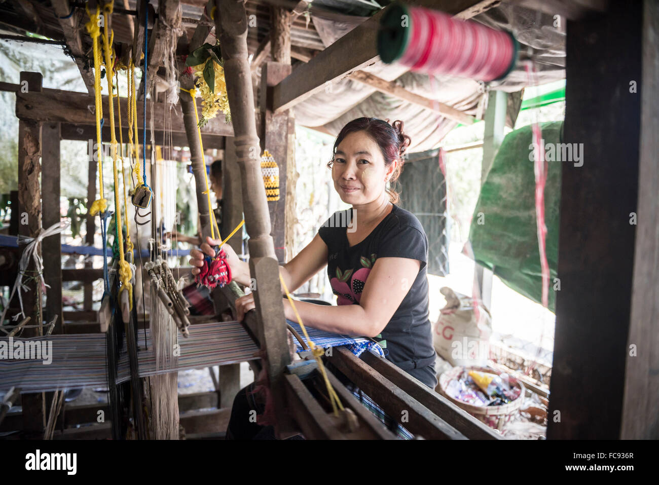Weaving at Twante, across the river from Yangon, Myanmar (Burma), Asia ...