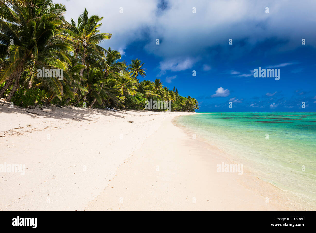 White sandy beach and palm trees on tropical Rarotonga Island, Cook ...