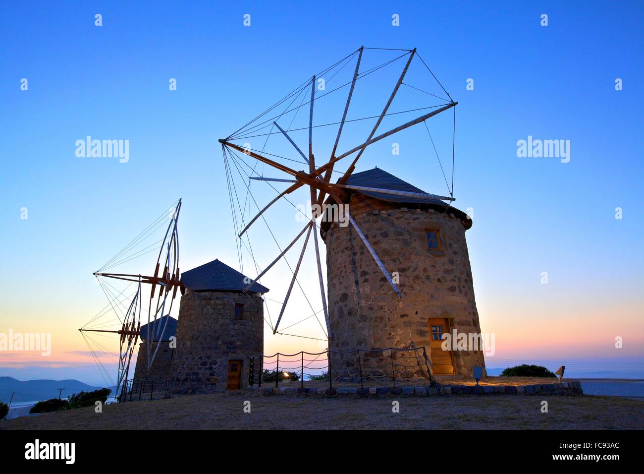 Illuminated windmills of Chora, Patmos, Dodecanese, Greek Islands ...