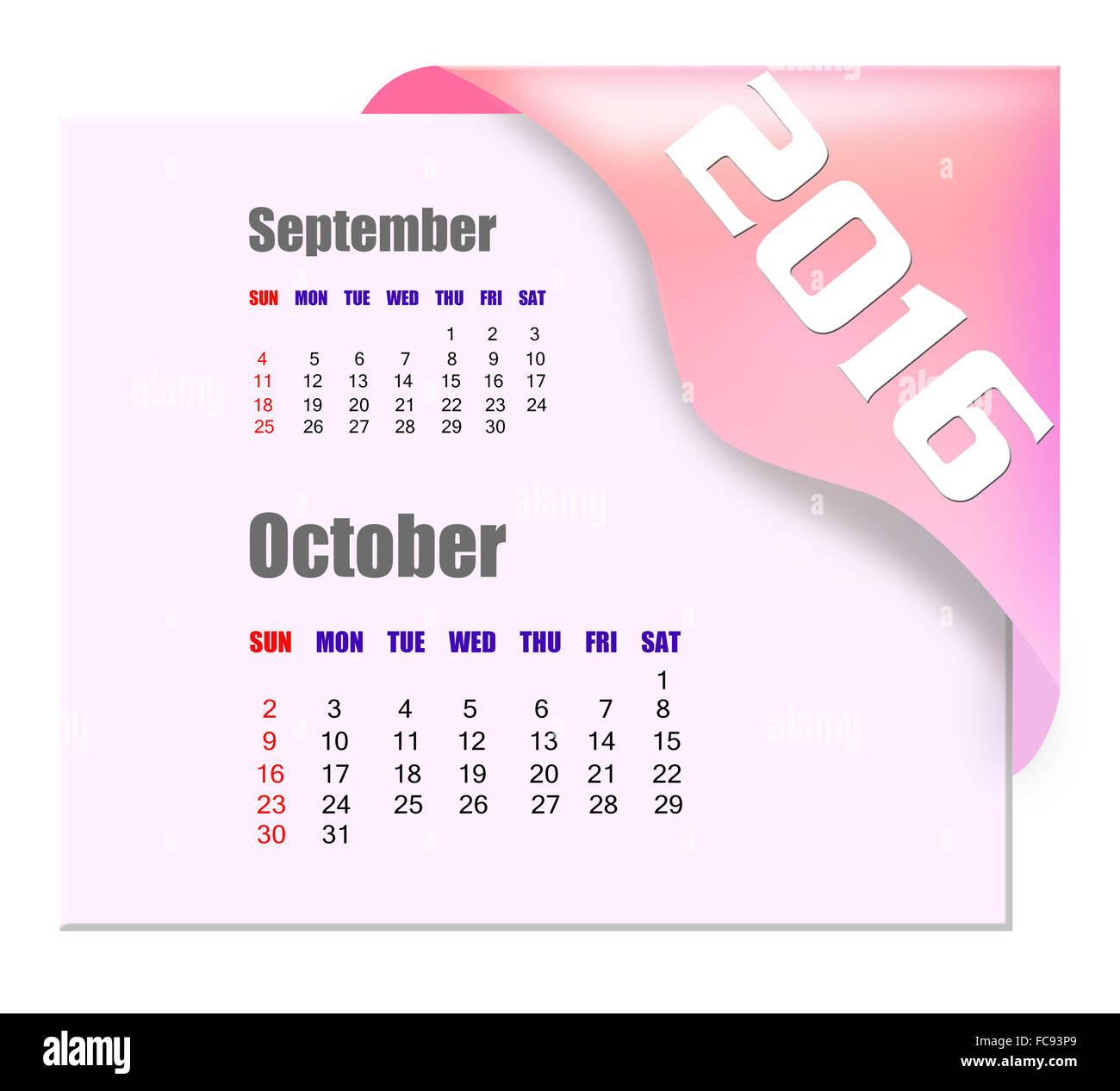 October 2016 calendar with past month series Stock Photo - Alamy