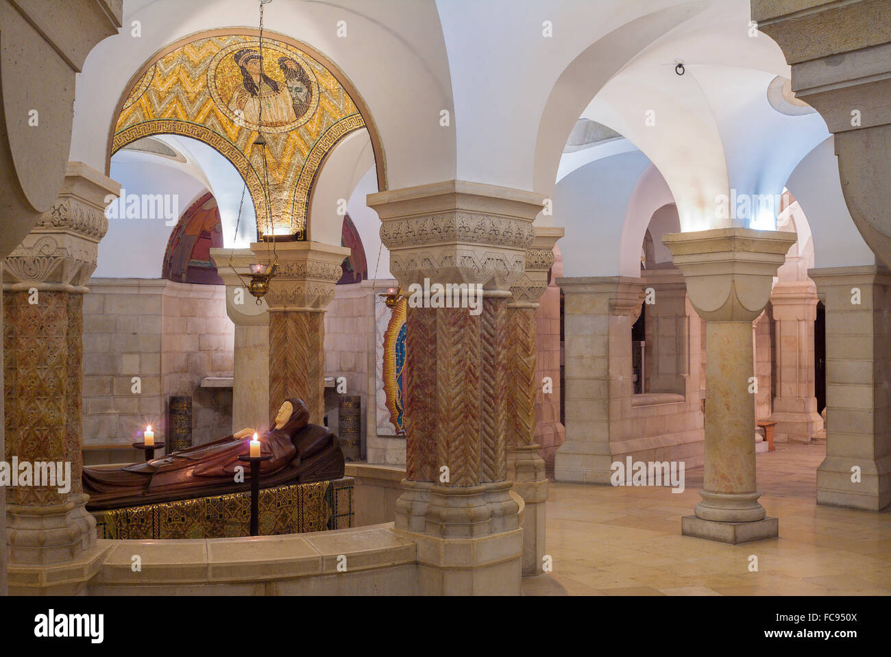Interior, crypt with madonna, Basilica of the Dormition Abbey ...