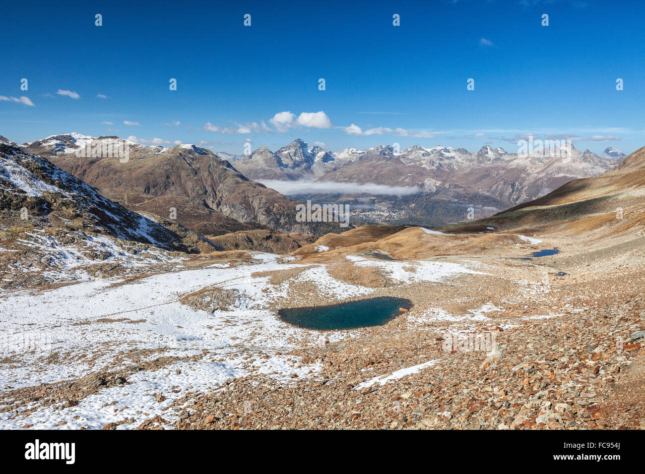 Pools of blue water in the landscape of Languard Valley, Engadine ...