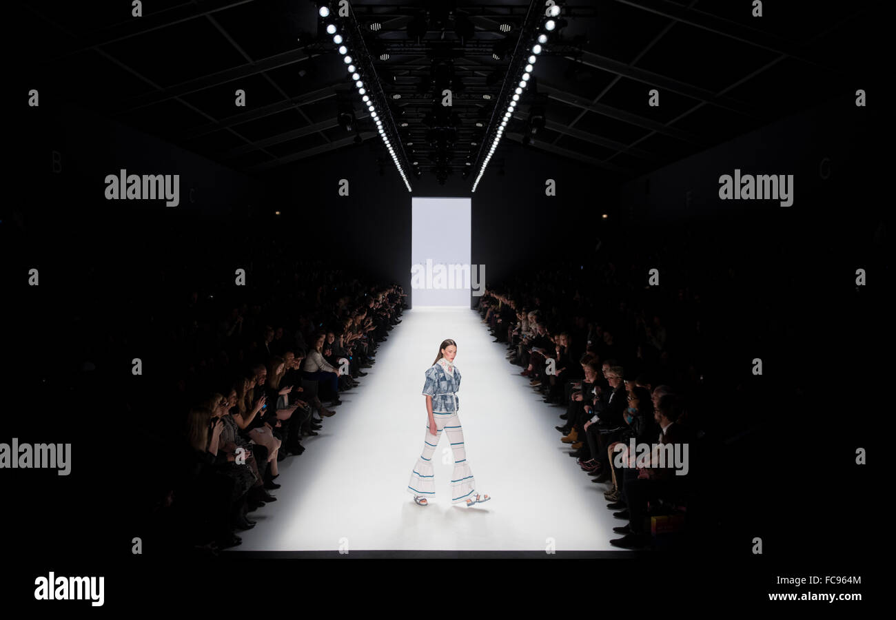 Berlin, Germany. 21st Jan, 2016. A model presents a creation by ...