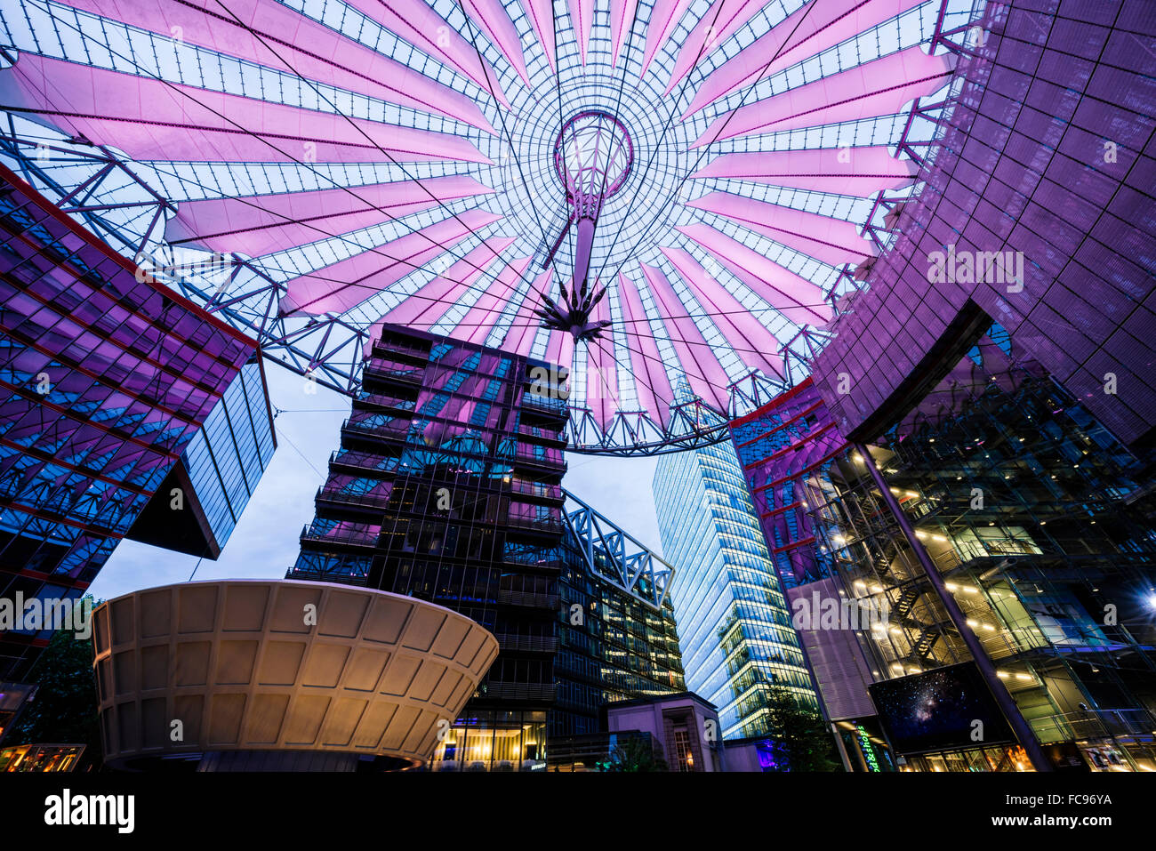 Central forum glass ceiling of the Sony Centre illuminated at night ...
