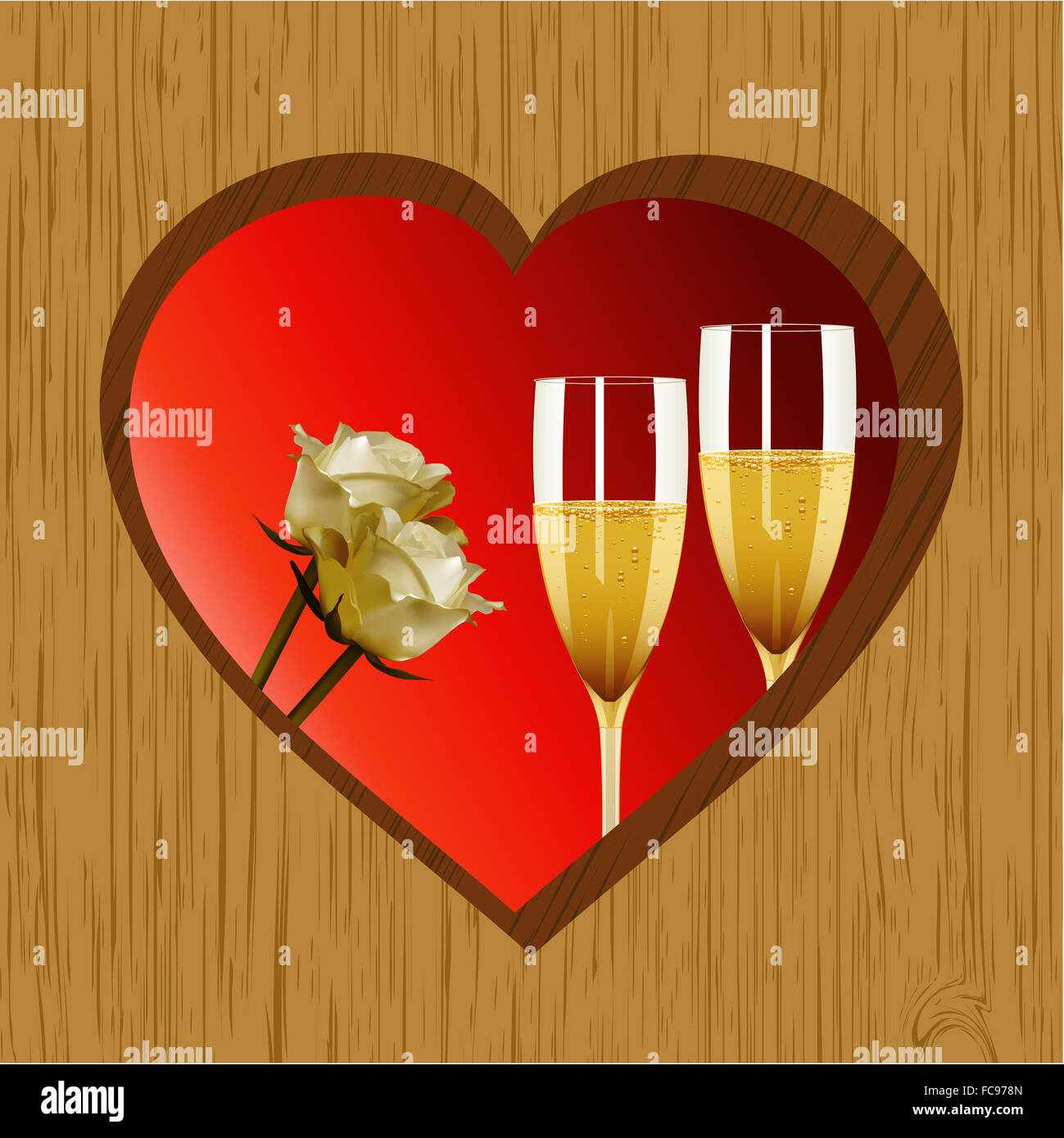 Valentine Cut Out Wooden Heart with Champagne Glass and Rose Background ...