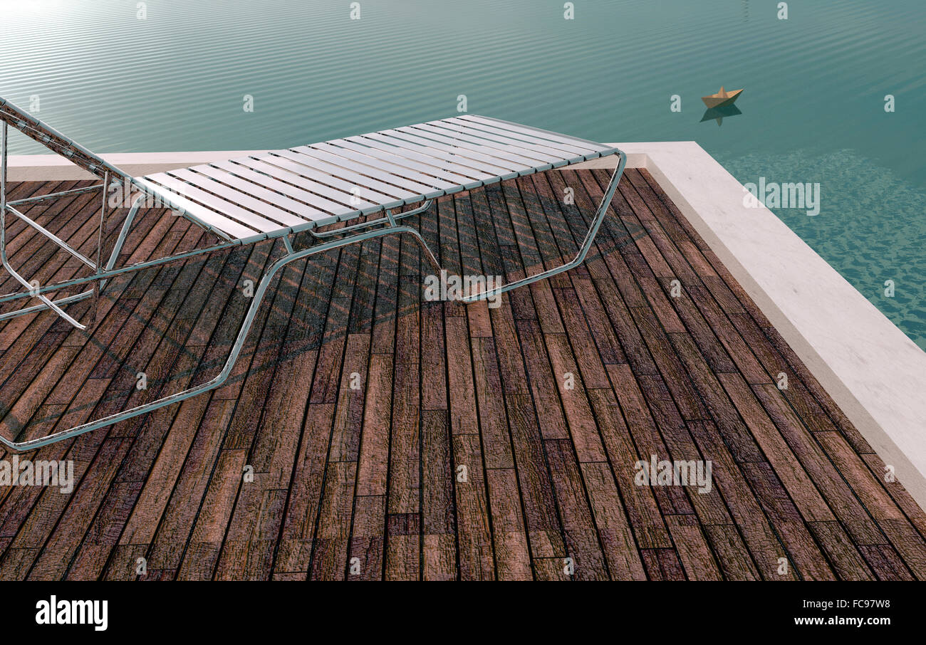 swimming pool with wooden floor and origami boat floating on the water ...