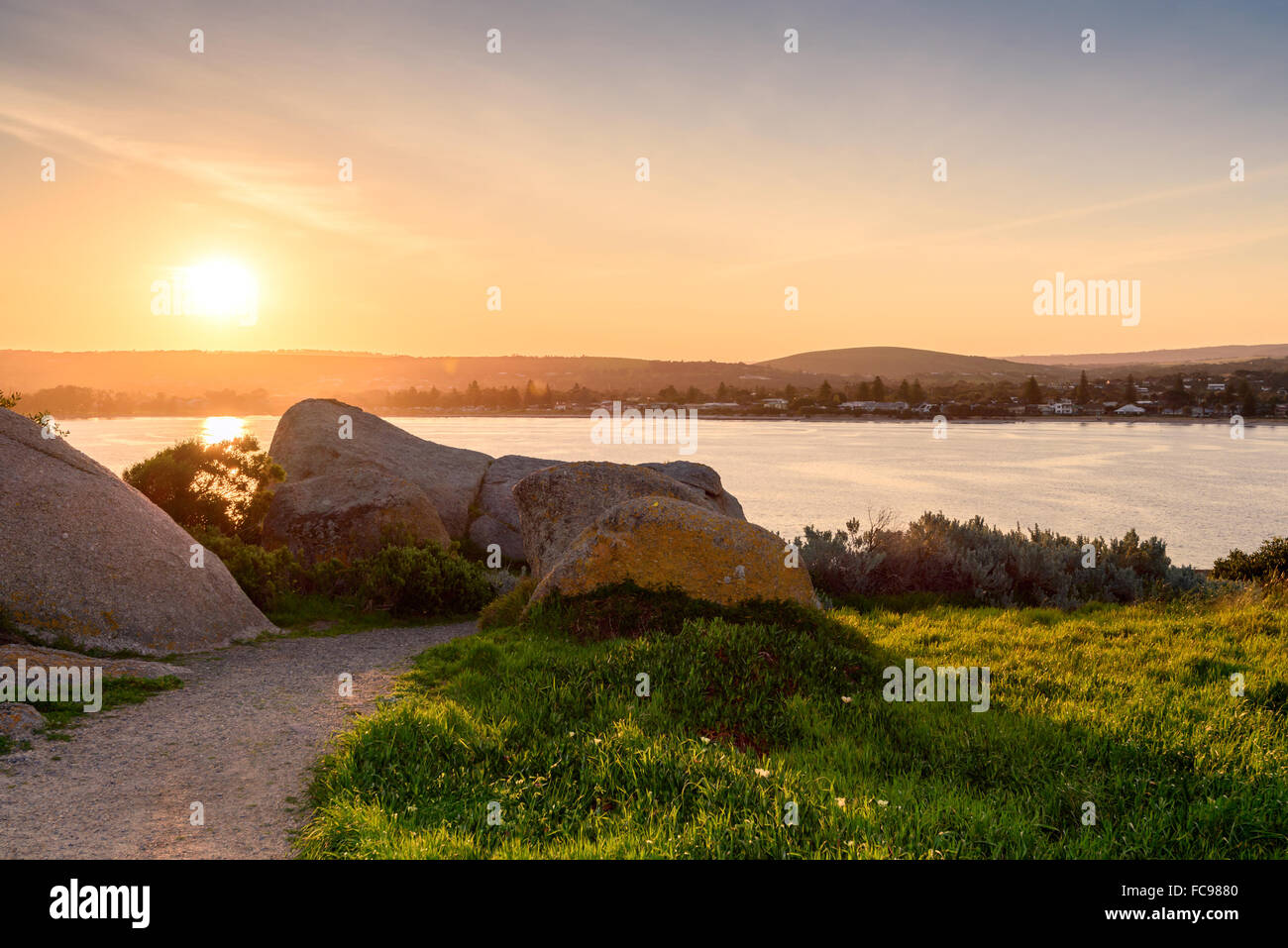 Sunset over Granite Island, Victor Harbor, South Australia Stock Photo ...